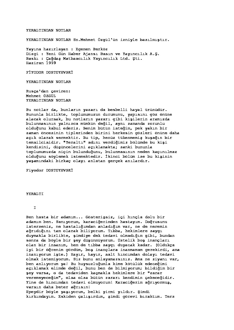 YERALTINDAN NOTLAR DOSTOYEVSKI